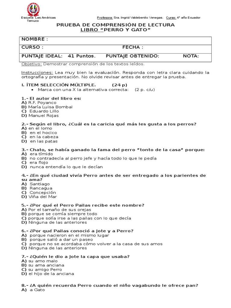 Prueba de Comprensión: Perro y Gato | PDF | Ocio