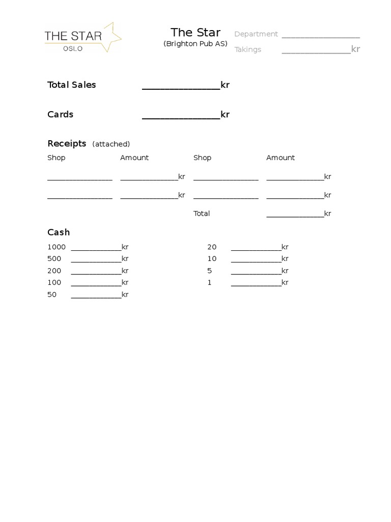 Cashing Up Sheet | PDF