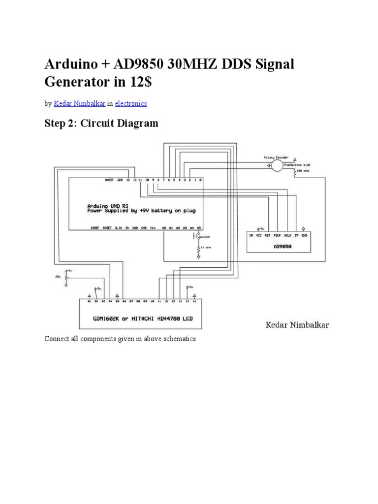 Arduino + AD9850 30MHZ DDS Signal Generator in 12$: Step 2: Circuit Diagram | PDF