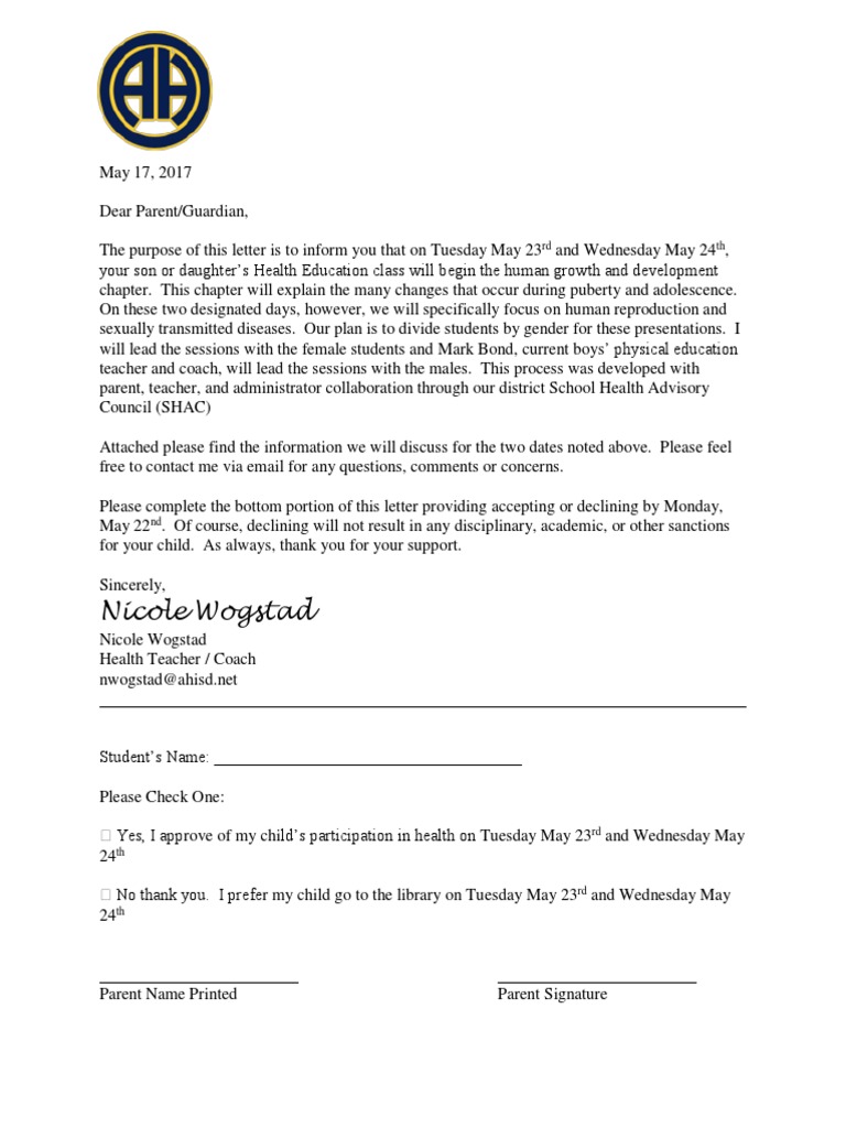 Alamo Heights Human Sexuality - AHJS Parent Letter and Scope & Sequence ...