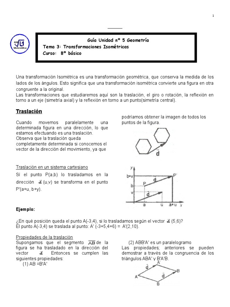 Guía de Transformaciones Isométricas 8º Básico | PDF | Rotación ...