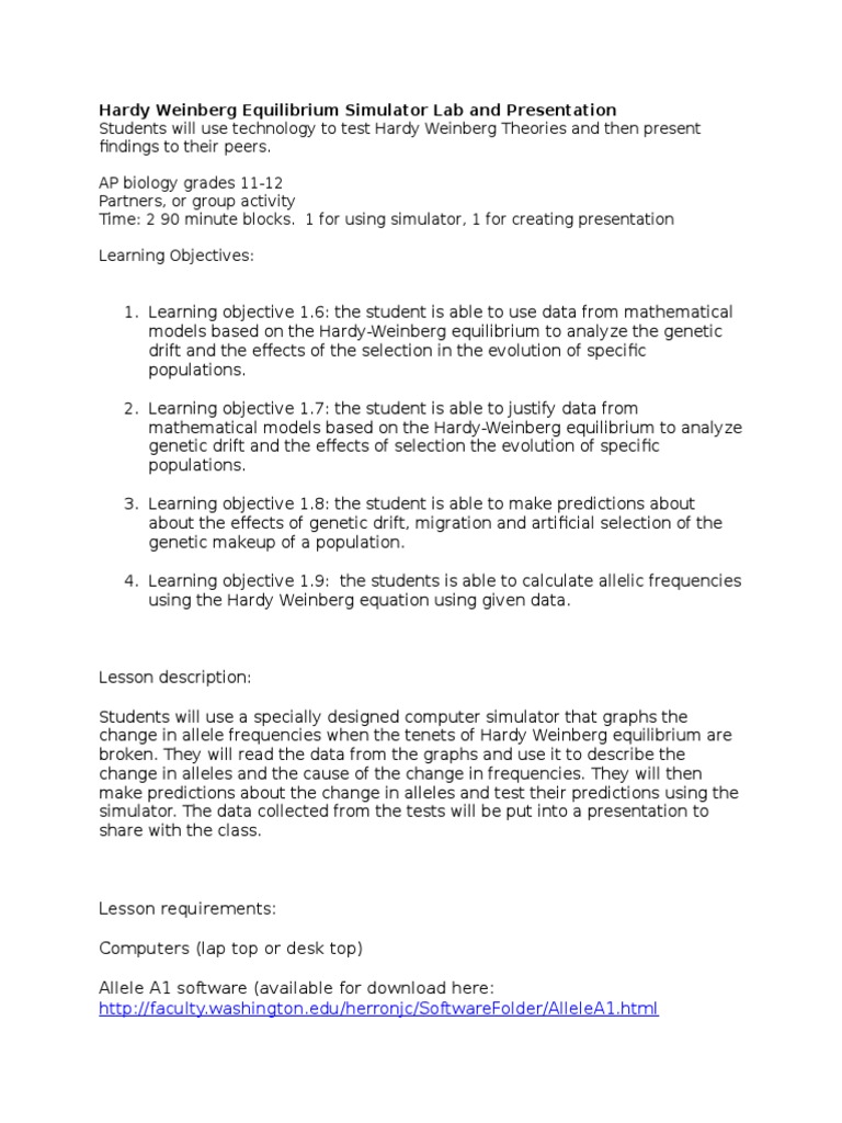 Hardy Weinberg Equilibrium Simulator Lab Lesson Plan | PDF | Cognitive ...