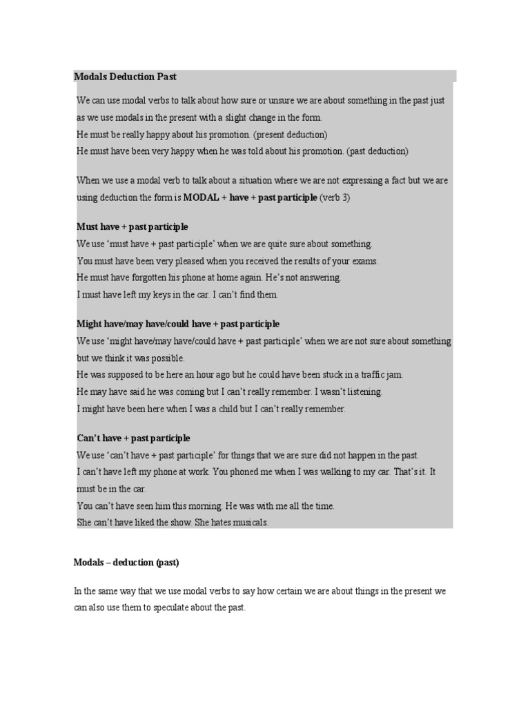 Modals Deduction Past | PDF | Verb | Onomastics