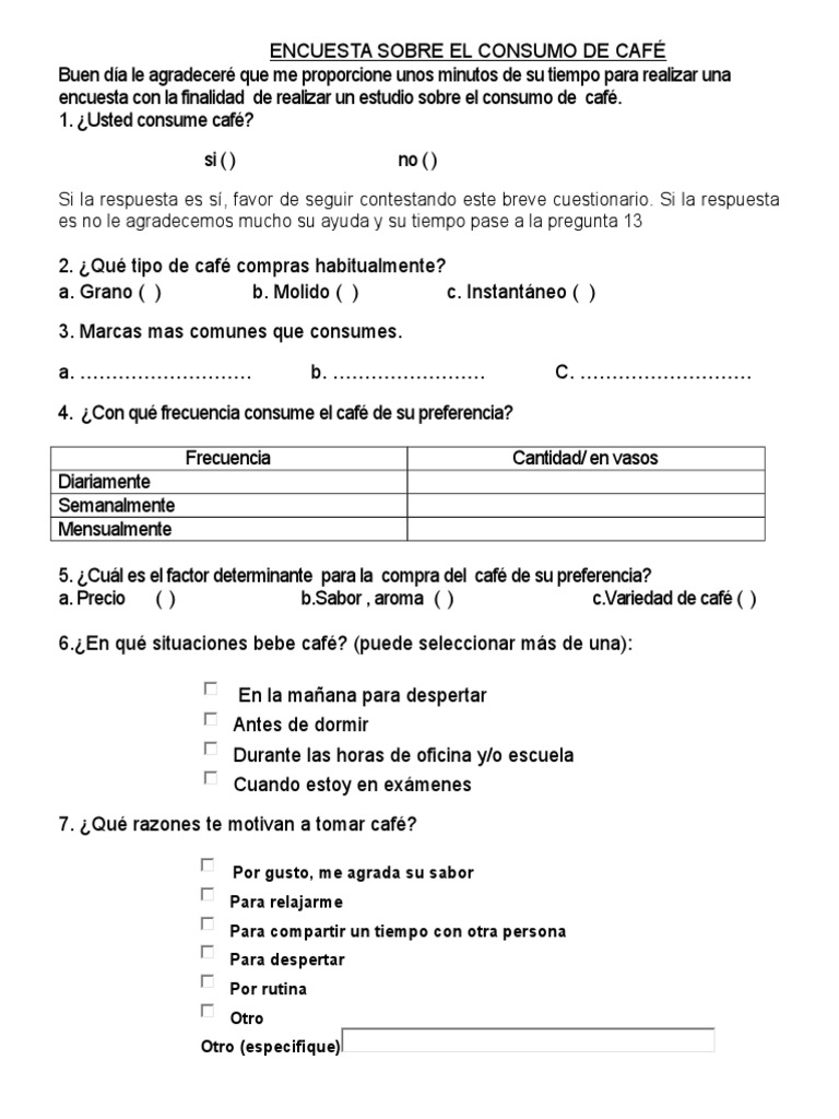 Encuesta de Consumo de Cafe | PDF | café | Investigación de mercado
