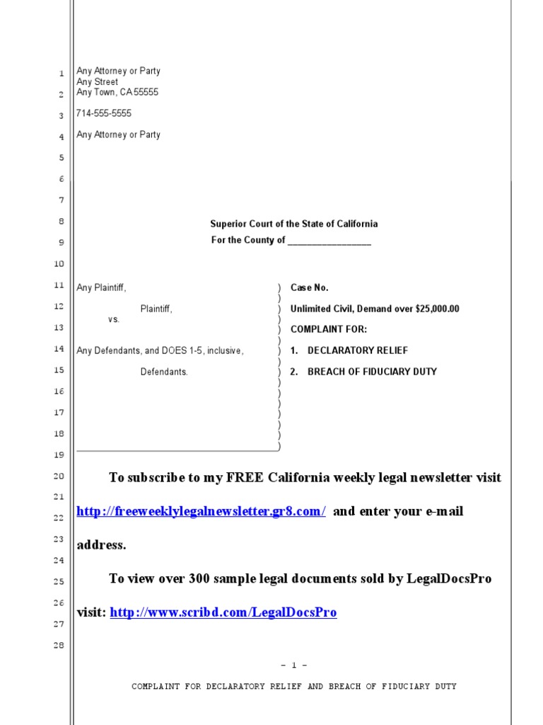 Sample Complaint For Declaratory Relief Against Condo Association in California | PDF ...