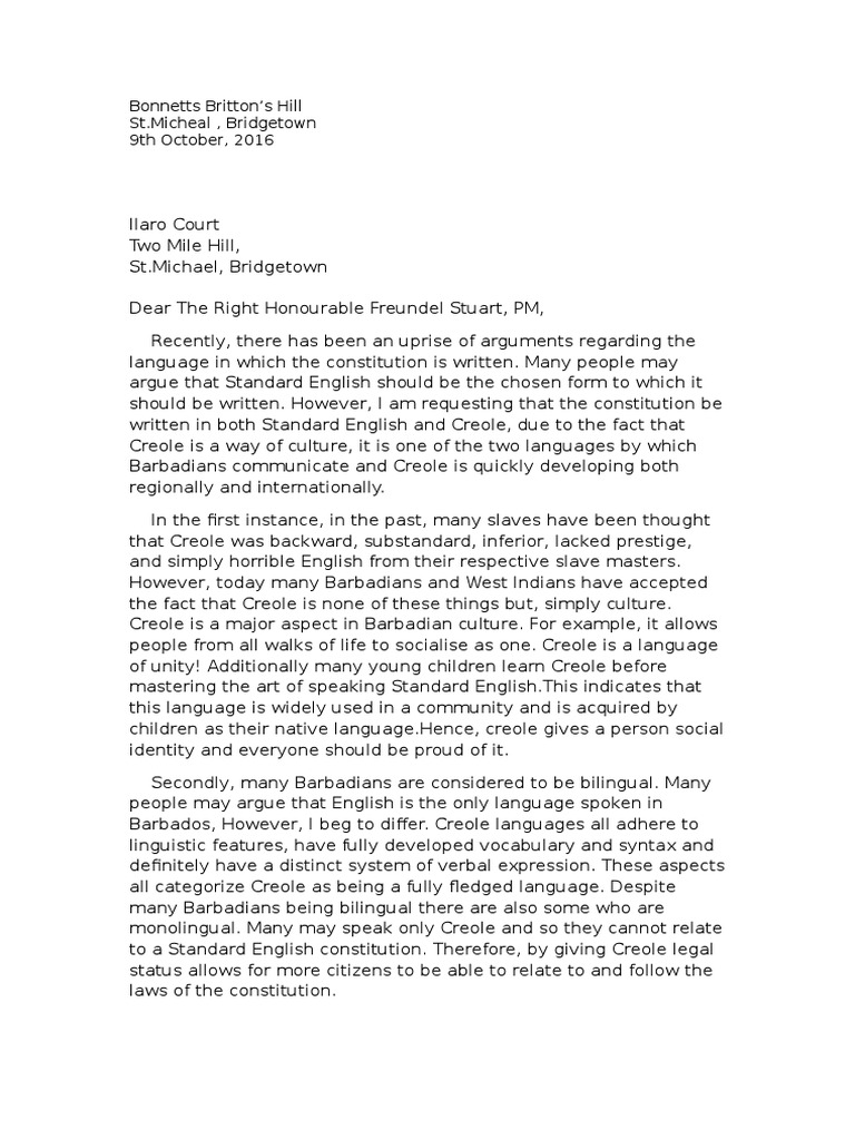 Com- Prime Minister Letter (Word) | English Language | Barbados