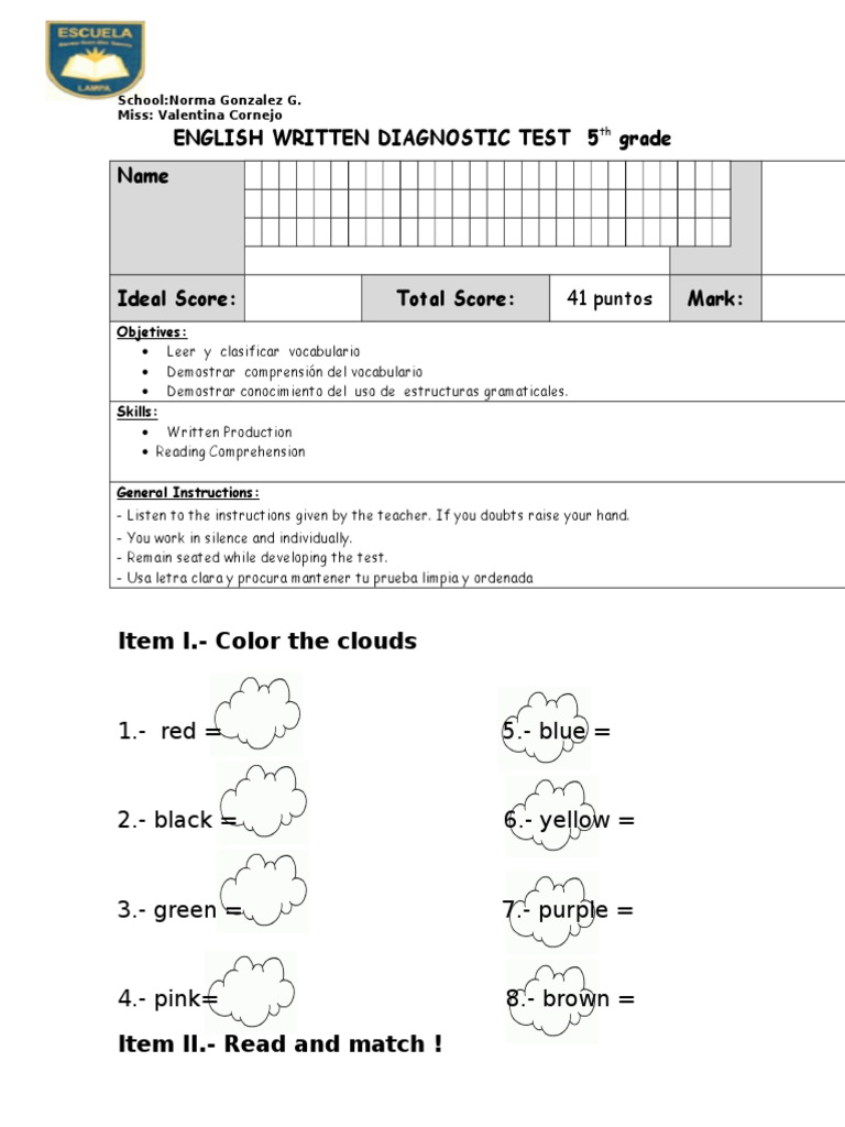 English Written Diagnostic Test 5 Grade Name Date:: Item I.-Color The ...