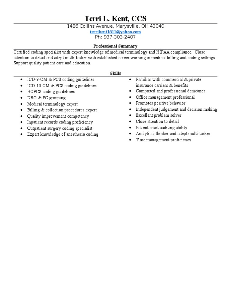 Terri L Kent Ccs Resume | PDF | Patient | Payments