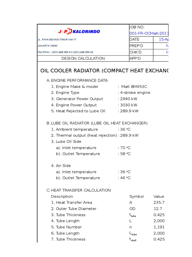 Design Calculation Oil Cooler MaK 2011 v2 | PDF