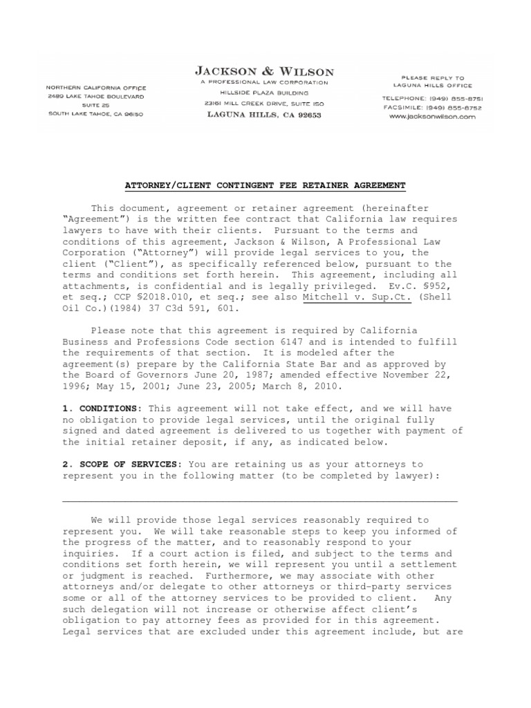 Retainer Agreement Contingency Personal Injury and Wrongful Death | Attorney's Fee | Costs In ...