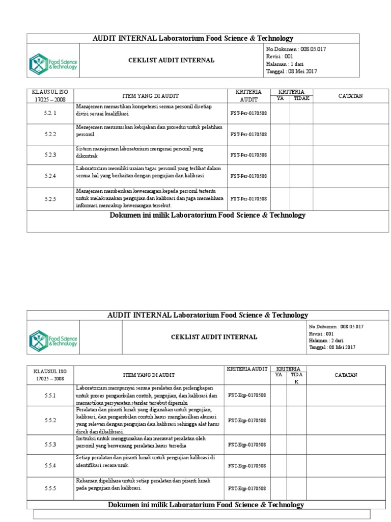AUDIT INTERNAL Laboratorium Food Science | PDF | Teknologi & Rekayasa ...