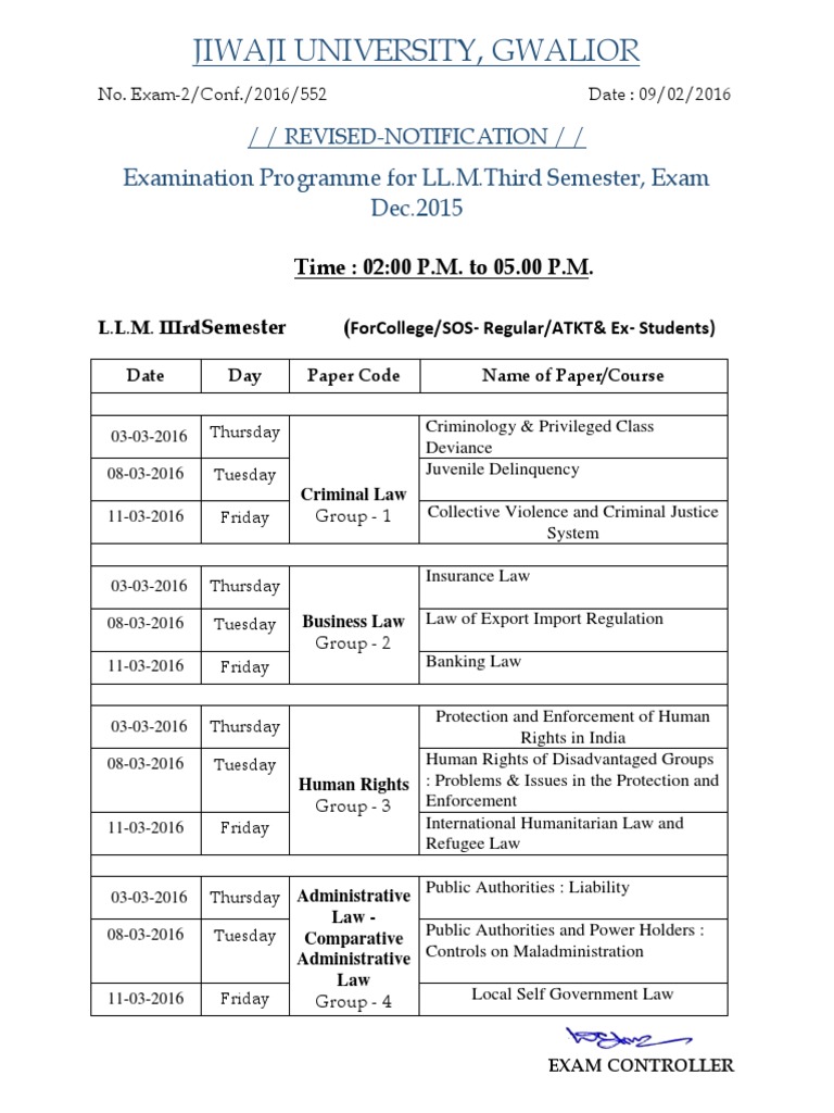 Revised Time Table of LL.M. IIIrd Sem. Exam Dec. 20151136 PDF | PDF ...