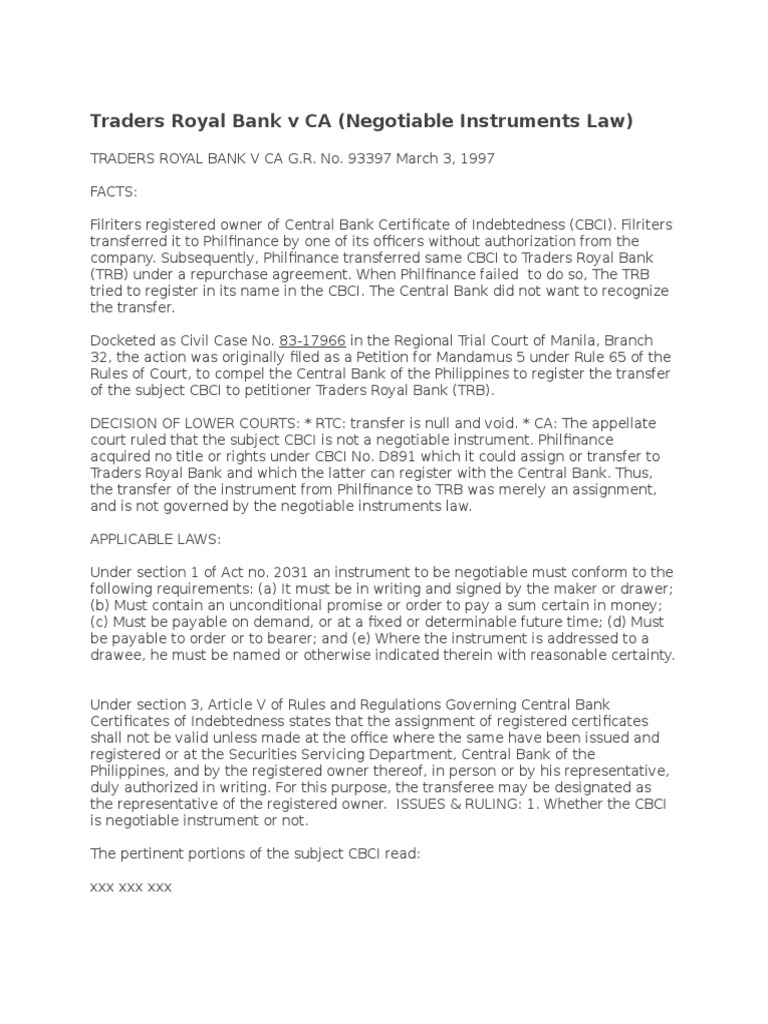 Traders Royal Bank V CA (DIGEST) | PDF | Negotiable Instrument | Government