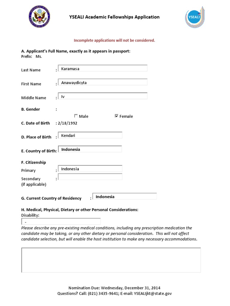 YSEALI Academic Fellowships Application Form | PDF