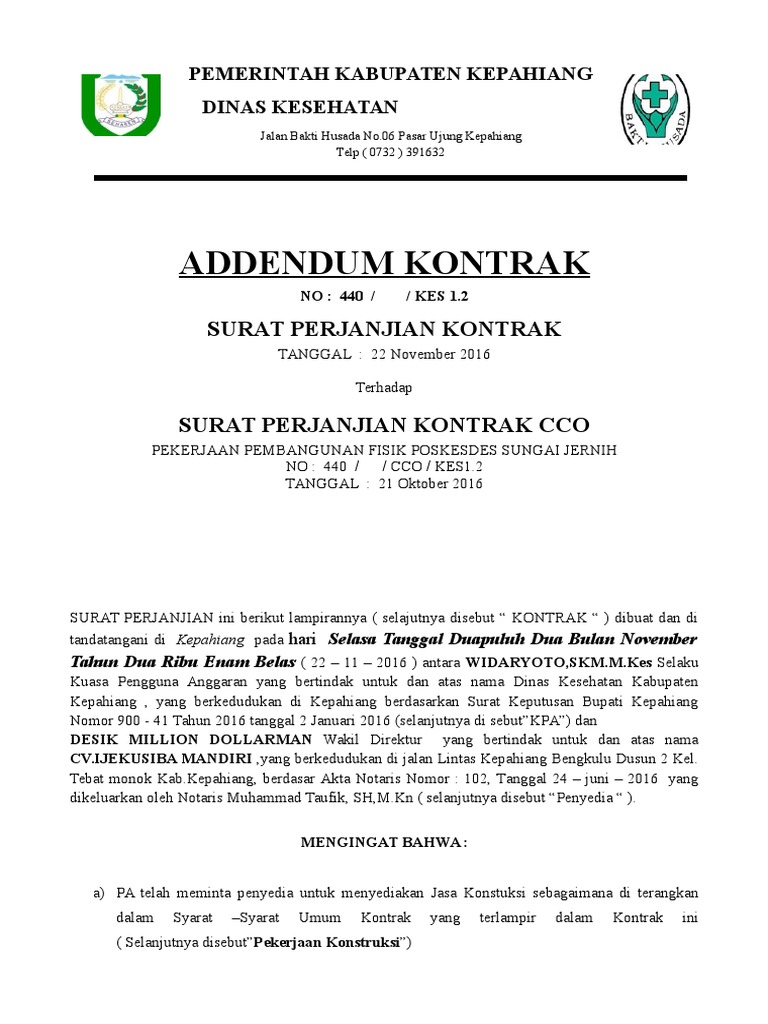 Addendum Kontrak Pembangunan Poskesdes | PDF | Pengelolaan Keuangan & Uang