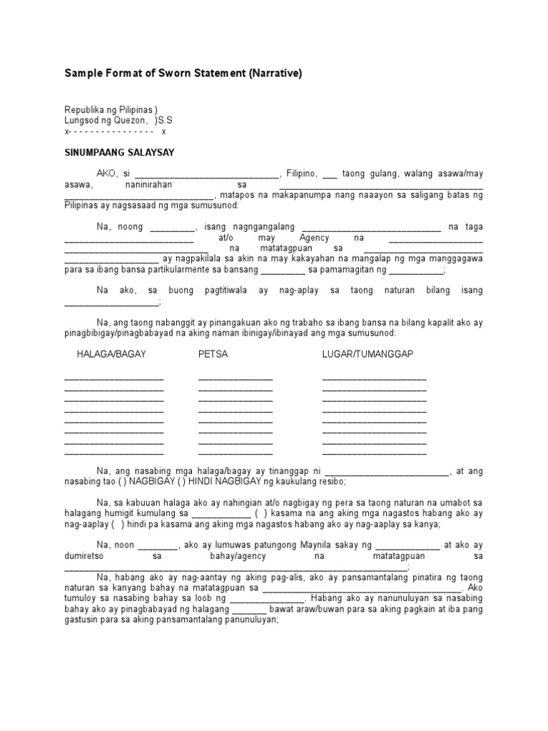 Sample Format of Sworn Statement Estafa | PDF