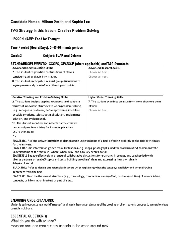 Sophie Lee Cps Lesson Plan | PDF | Brainstorming | Creativity