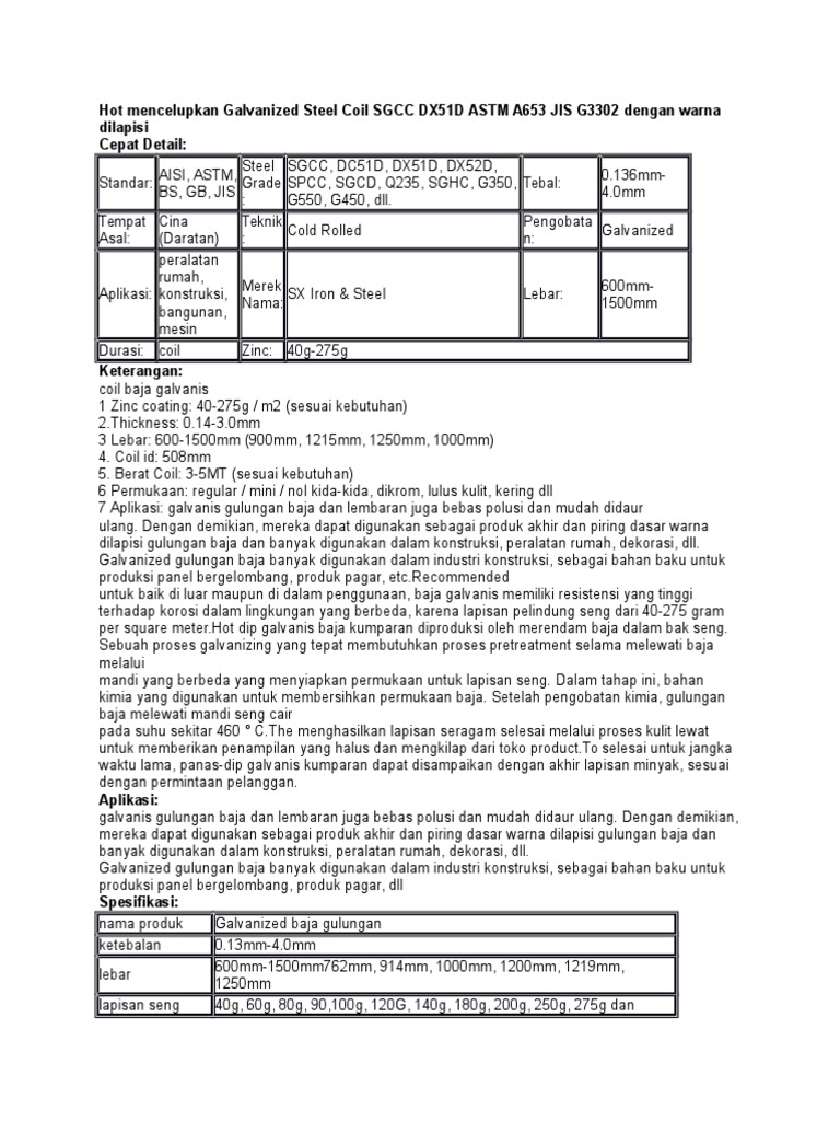 Hot Mencelupkan Galvanized Steel Coil SGCC DX51D ASTM A653 JIS G3302 Dengan Warna Dilapisi | PDF