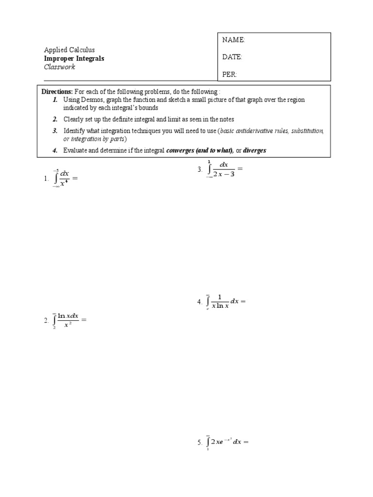 02 Improper Integrals Classwork | PDF | Integral | Mathematical Analysis