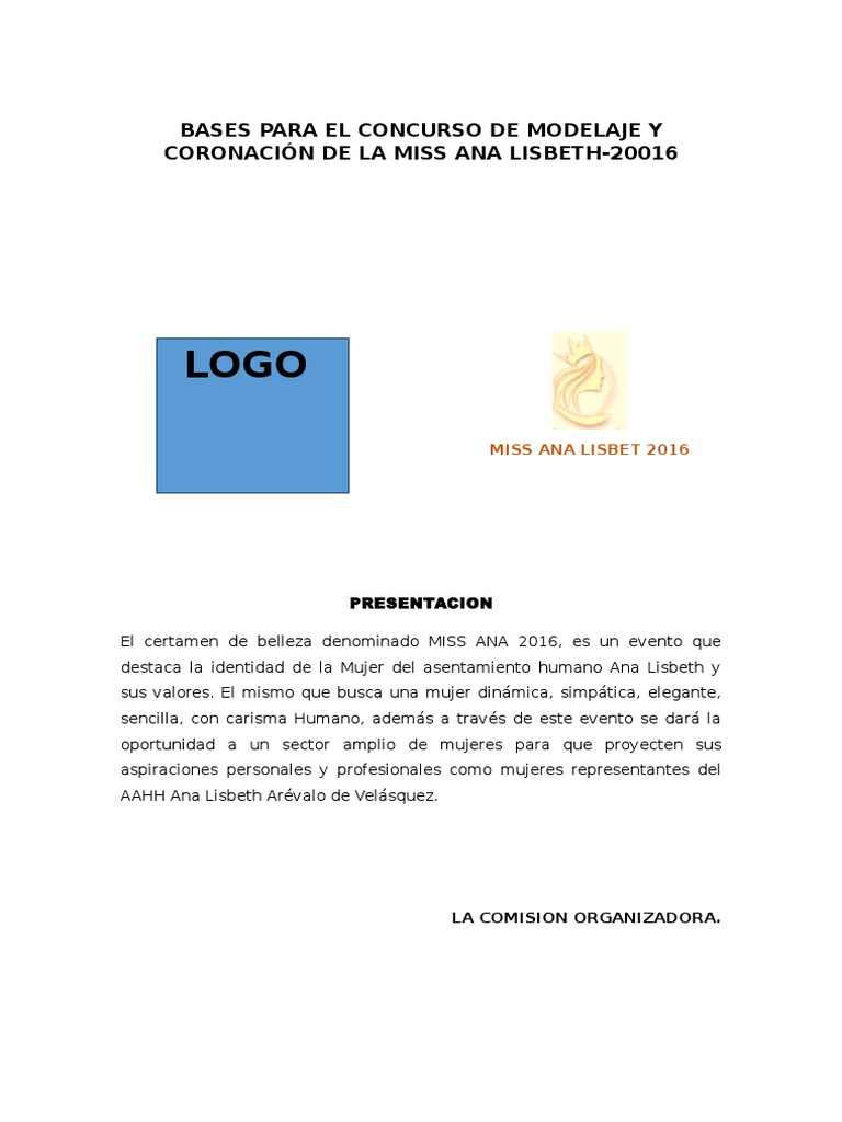 Bases para El Concurso de Modelaje y Coronación de La Reina Ana Lisbeth ...