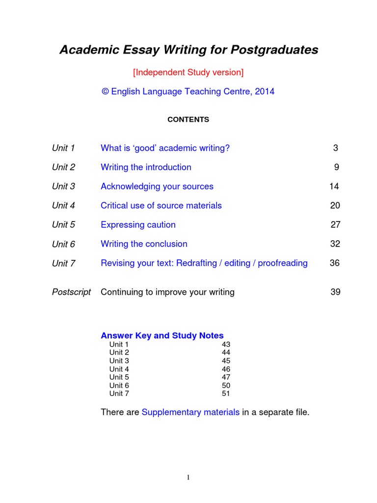 Academic Essay Writing For Postgraduates: Unit 1 Unit 2 Unit 3 Unit 4 ...