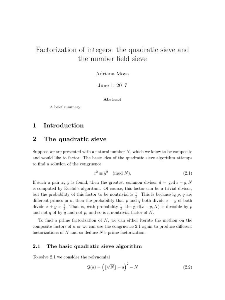 The Quadratic Sieve | PDF | Prime Number | Ring (Mathematics)
