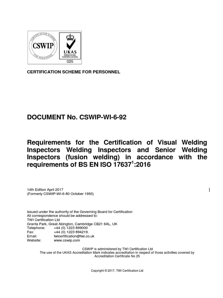 CSWIP-WI-6-92 14th Edition April 2017 | PDF | Test (Assessment ...
