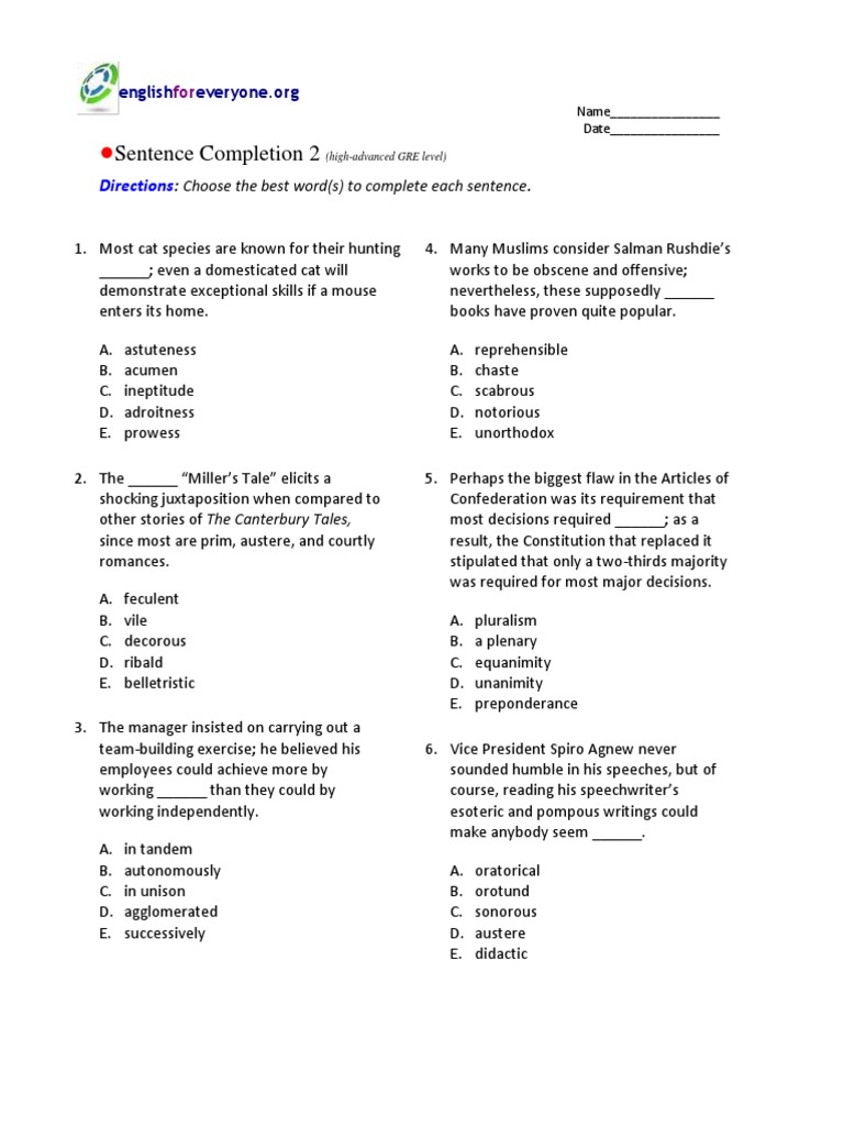 High Advanced Sentence Completion 2 | PDF | Consensus Decision Making | Public Speaking
