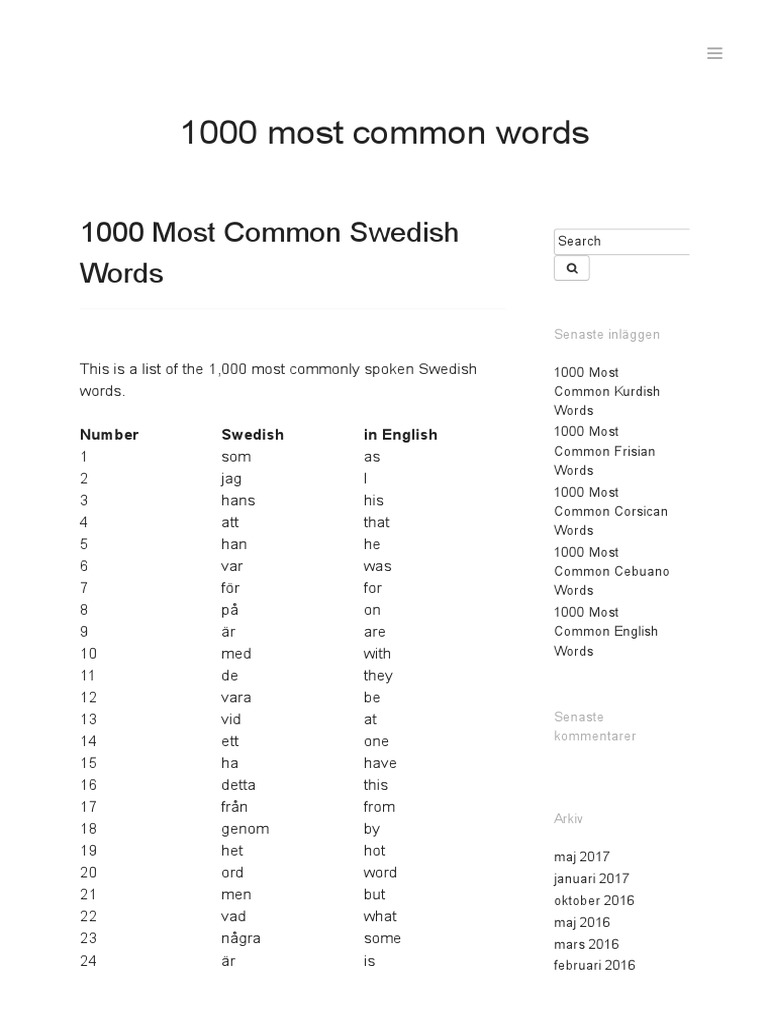 1000 Most Common Swedish Words | PDF