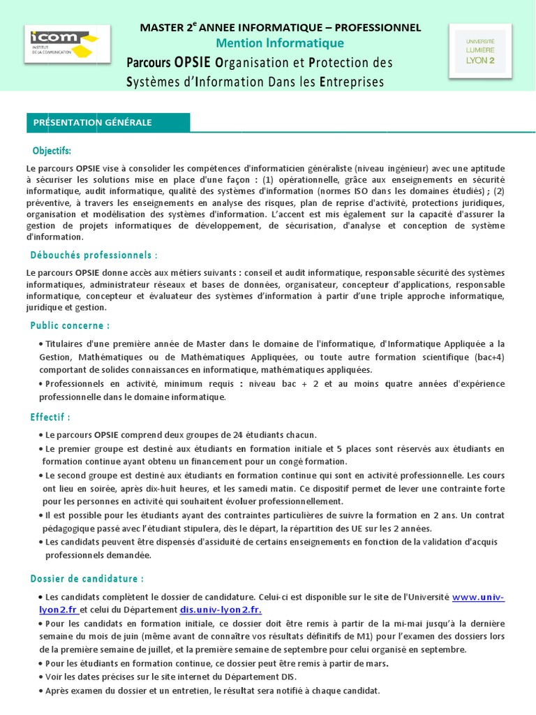 Master OPSIE à Lyon 2 : Formation et Objectifs | PDF | Sécurité des ...