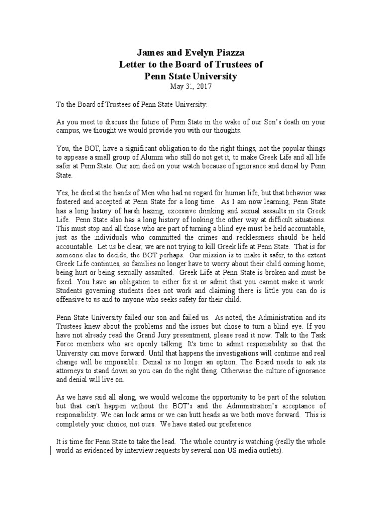 Letter To Penn State University Board of Trustees | PDF | Fraternities ...
