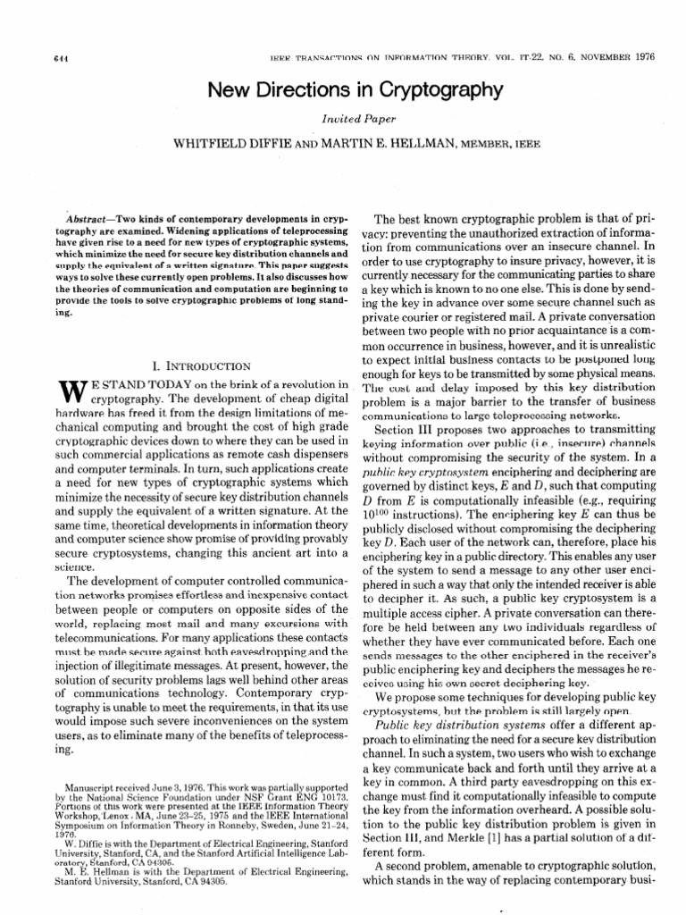 Diffie And Hellman S Paper On Cryptography 1976 Cryptanalysis Cryptography