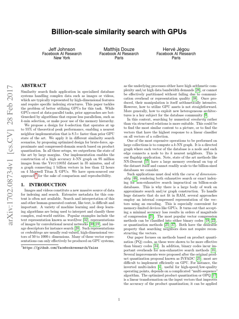 Billion-Scale Similarity Search With GPUs | PDF | Parallel Computing | Graphics Processing Unit