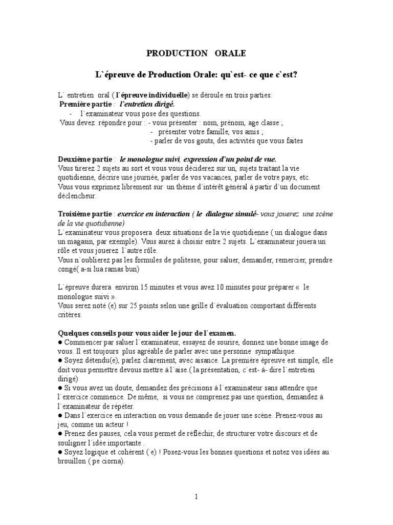 Production Orale DELF B1 : Guide Complet | PDF