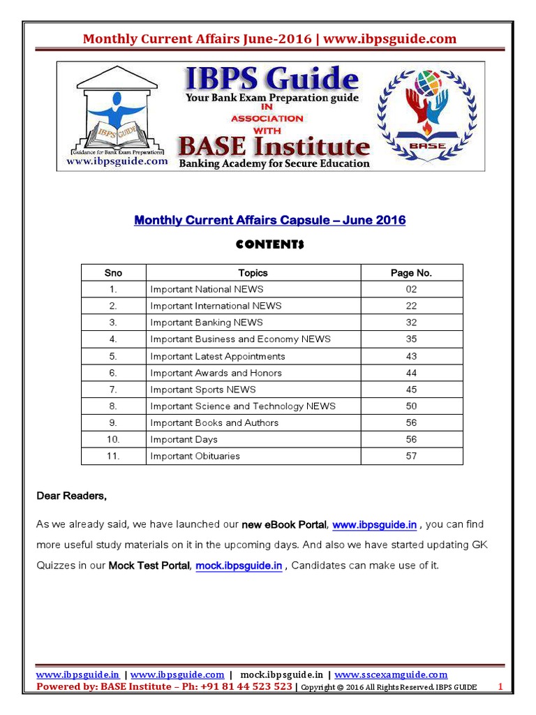 IBPS Guide - Monthly Current Affairs Capsule June - 2016 WWW ...