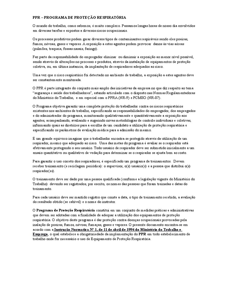 5 Ppr Programa De Proteção Respiratória Pdf Respiração Risco