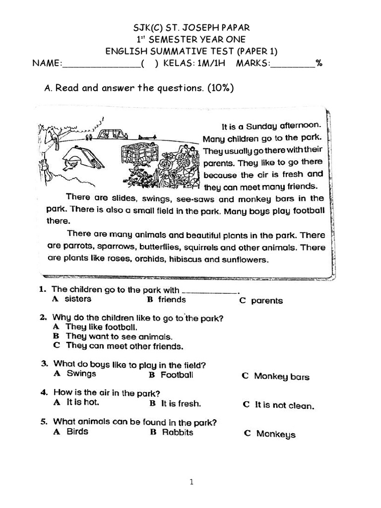 English Summative Test for Year One | PDF | Language Arts & Discipline