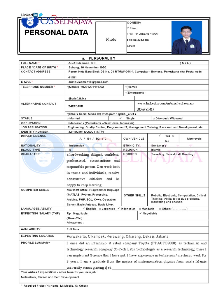 Personal Data Form Selnajaya | PDF | Teachers | Internship