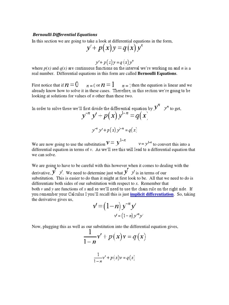 Bernoulli Differential Equation Guide | PDF | Differential Equations ...