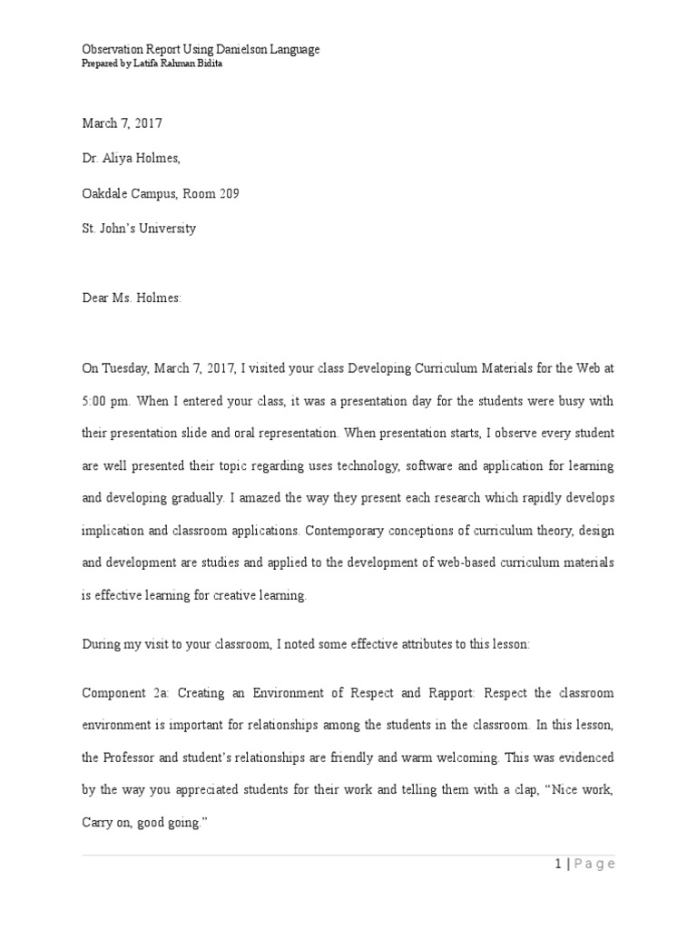 Classroom Observation Report Using Danielson Language | PDF | Classroom ...