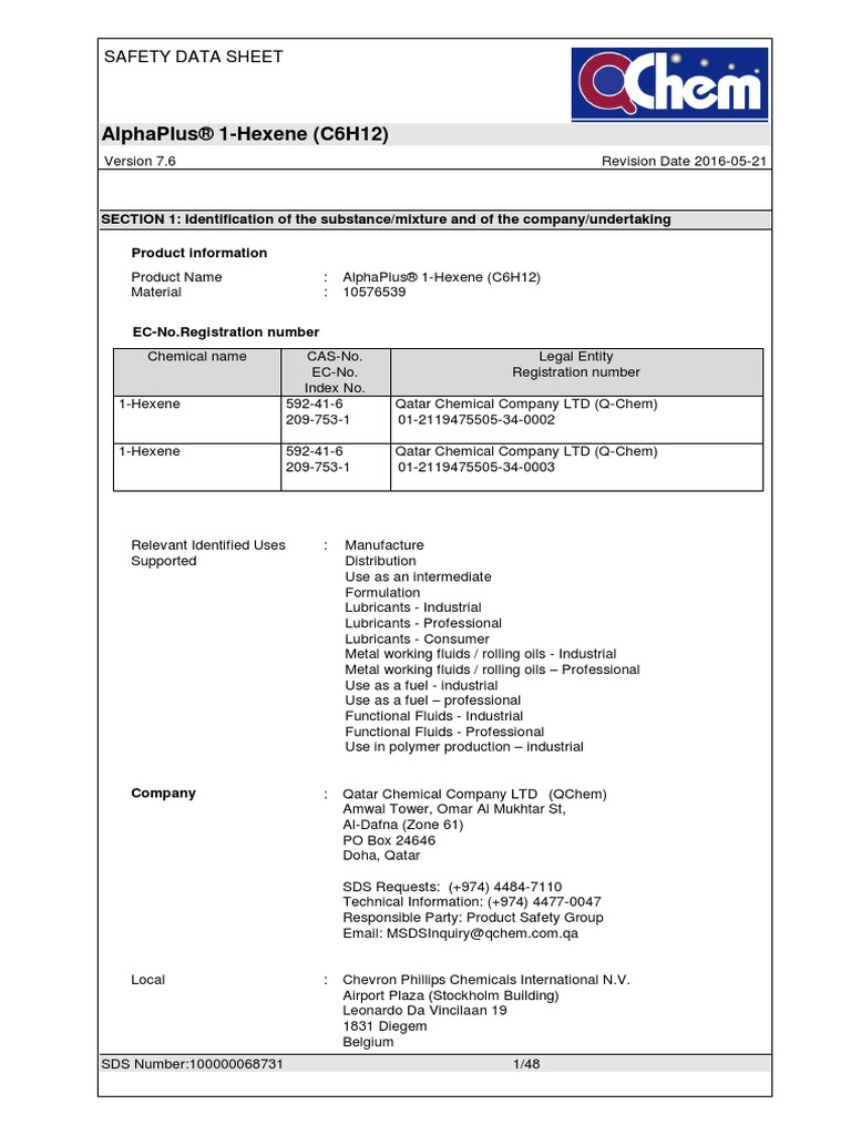 1 Hexene MSDS (c6H12) | PDF | Toxicity | Dangerous Goods
