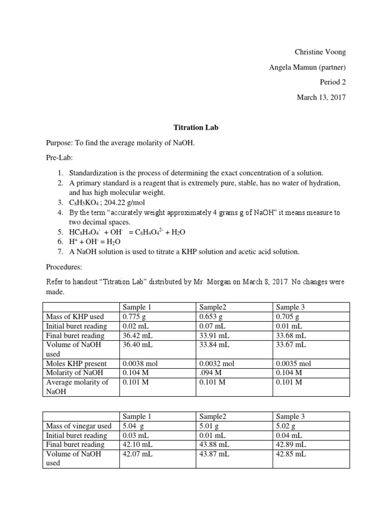 Chemistry Lab Report Titration Lab | PDF | Molar Concentration | Mole ...