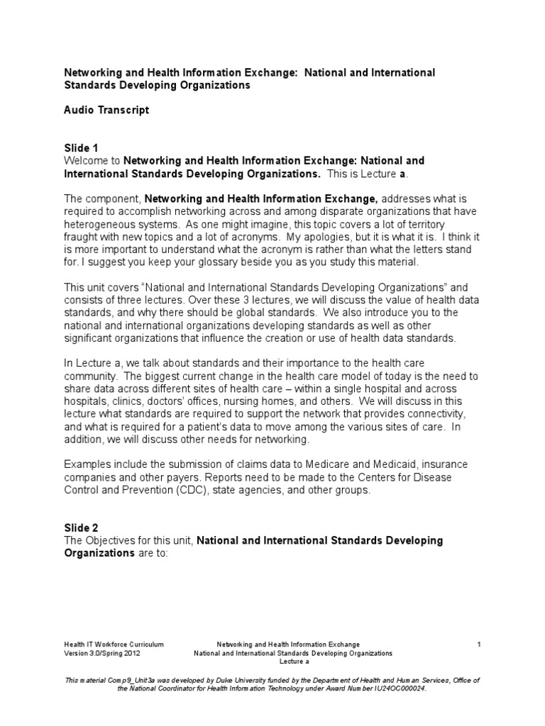 Comp9 Unit3a Audio Transcript | PDF | Health Informatics | Standardization