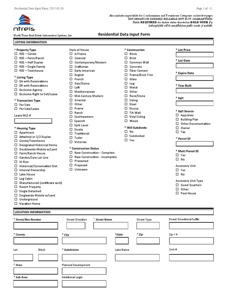 Residential Data Input Form: Listing Information | PDF