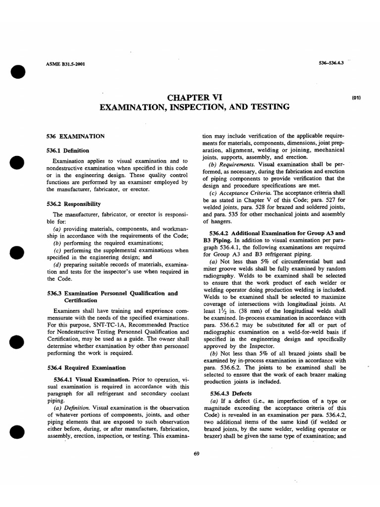 ASME B31.5-Refigeration Pipiping and Heat Transfer-Chapter VI-Inspection