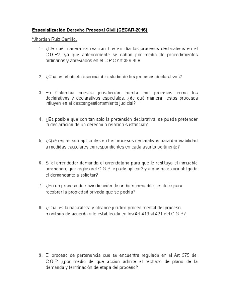 Preguntas Procesos Declarativos. II | PDF