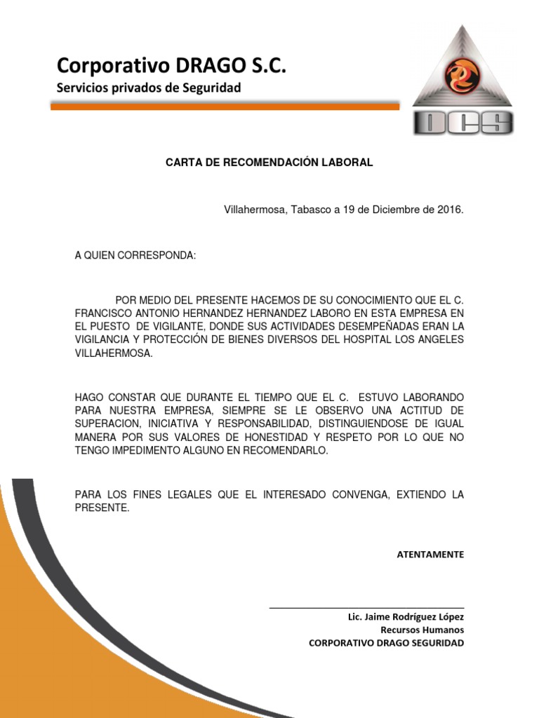 Carta de Recomendación Laboral Seguridad