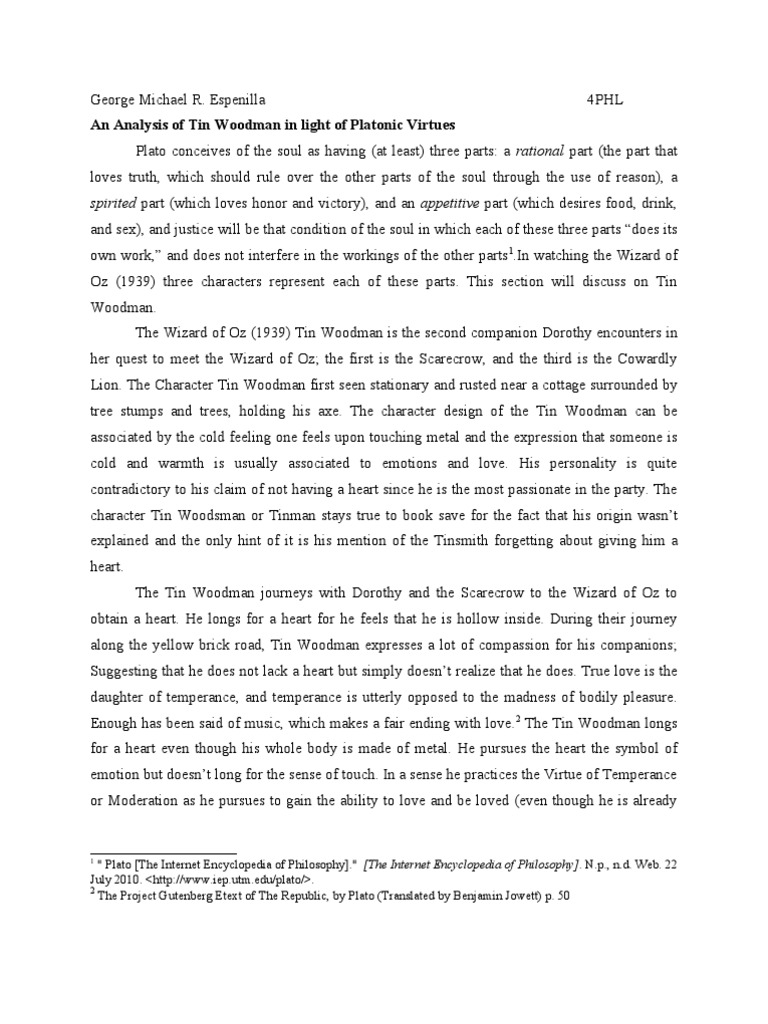 An Analysis of Nick Chopper or Tin Woodman in Light of Platonic Virtues ...