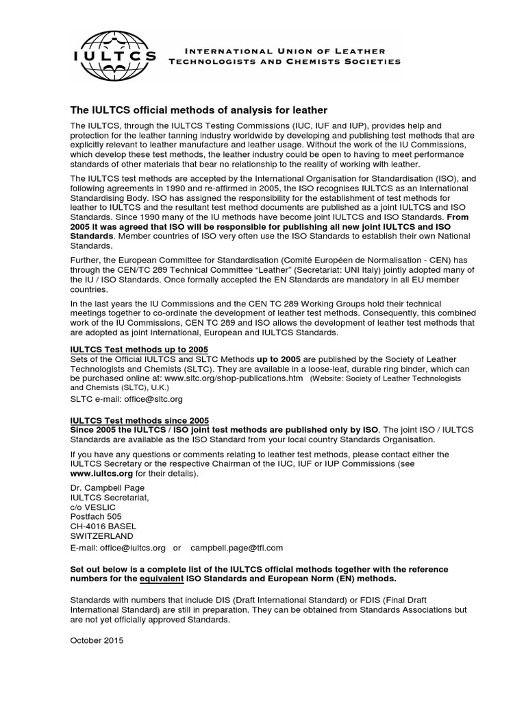 IULTCS-ISO-EN Leather Test Methods Oct-2015 PDF | PDF | International ...