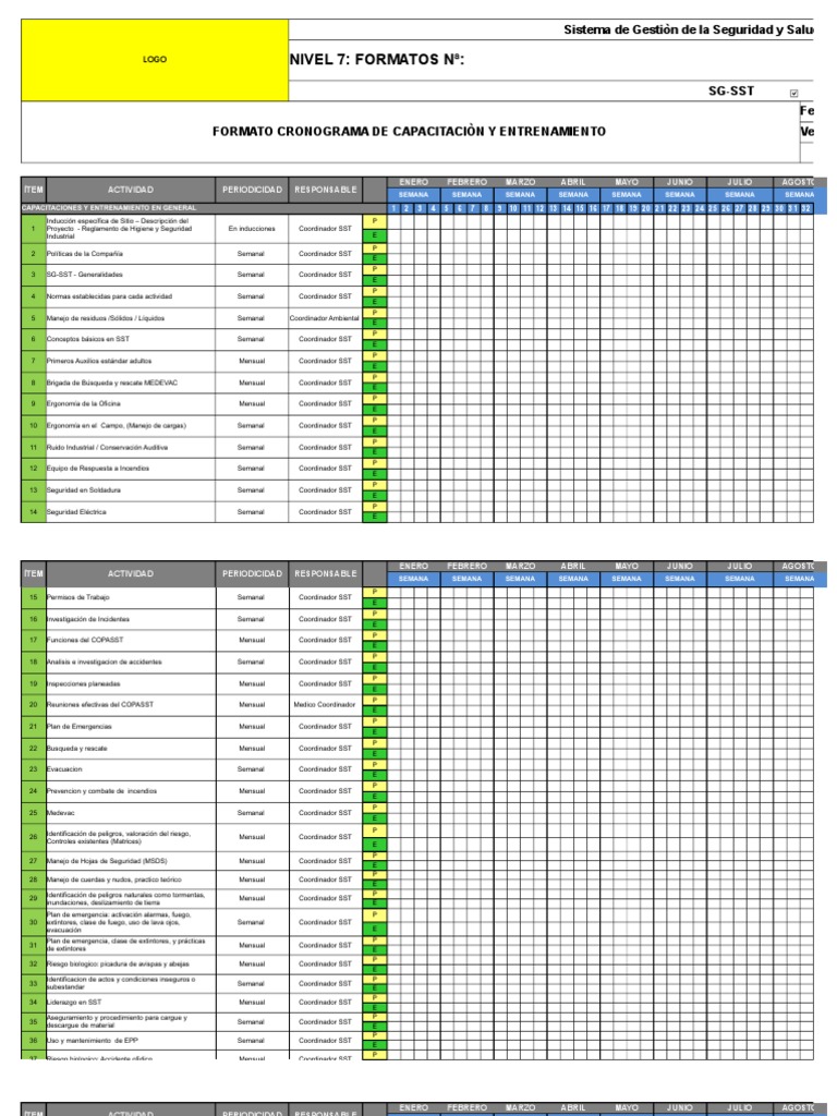 Ft Sst 023 Formato Cronograma De Capacitación Y Entrenamiento Pdf